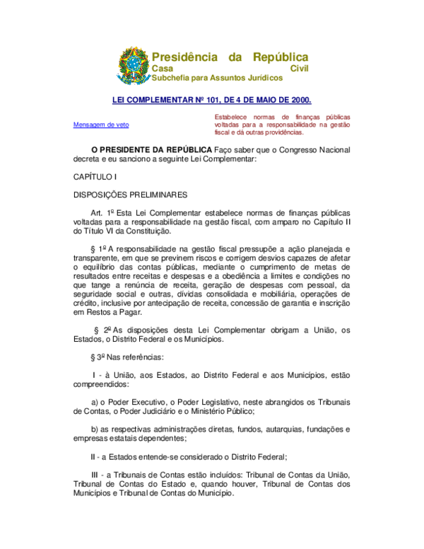 (PDF) Lei Complementar no 101 de 2000 - Lei de Responsabilidade Fiscal