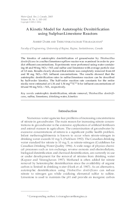 (PDF) A Kinetic Model for Autotrophic Denitrification using Sulphur ...