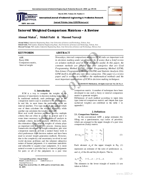 Pdf Interval Weighted Comparison Matrices A Review