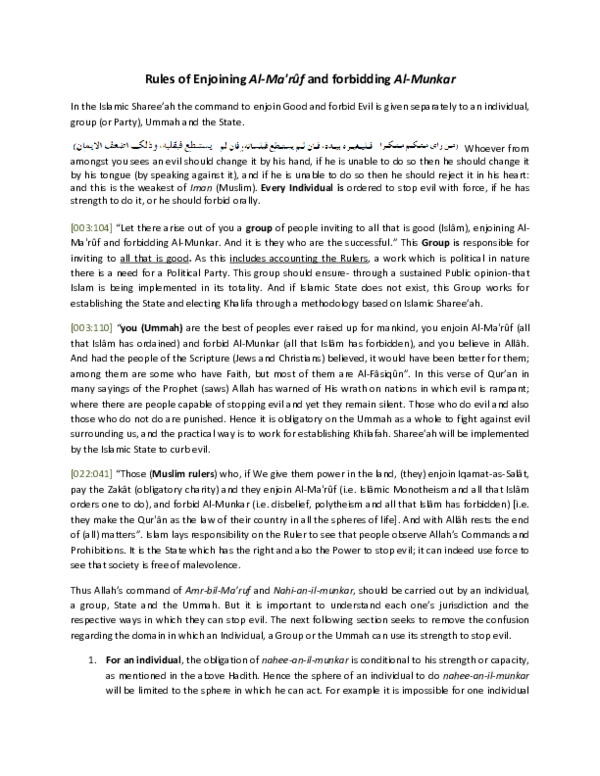 (PDF) Rules of Enjoining Al-Ma'rûf and forbidding Al-Munkar