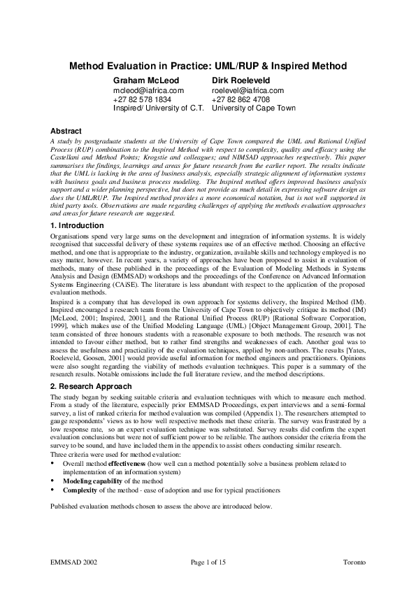 (PDF) Method Evaluation in Practice: UML/RUP & Inspired Method
