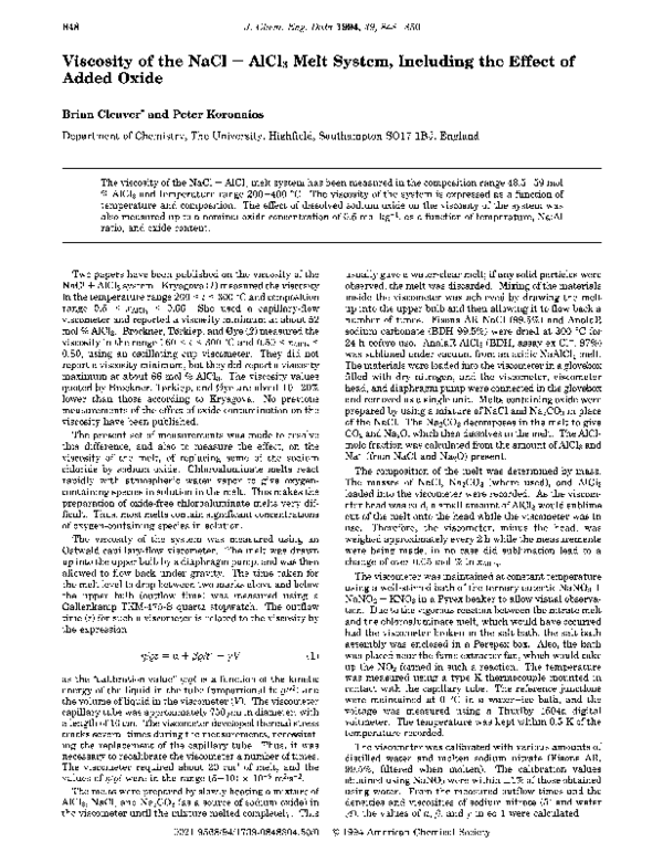 (PDF) Viscosity of the NaCl + AlCl3 Melt System, Including the effect ...