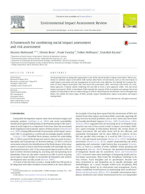(PDF) A Framework for Combining Social Impact Assessment and Risk ...