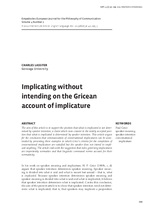 (PDF) Implicating without Intending on the Gricean Account of Implicature