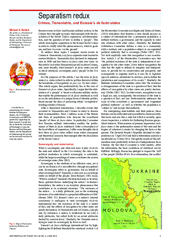 (PDF) Separatism redux: Crimea, Transnistria, and Eurasia's de facto states