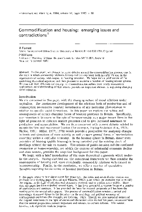 (PDF) The commodification of housing: emerging issues and contradictions