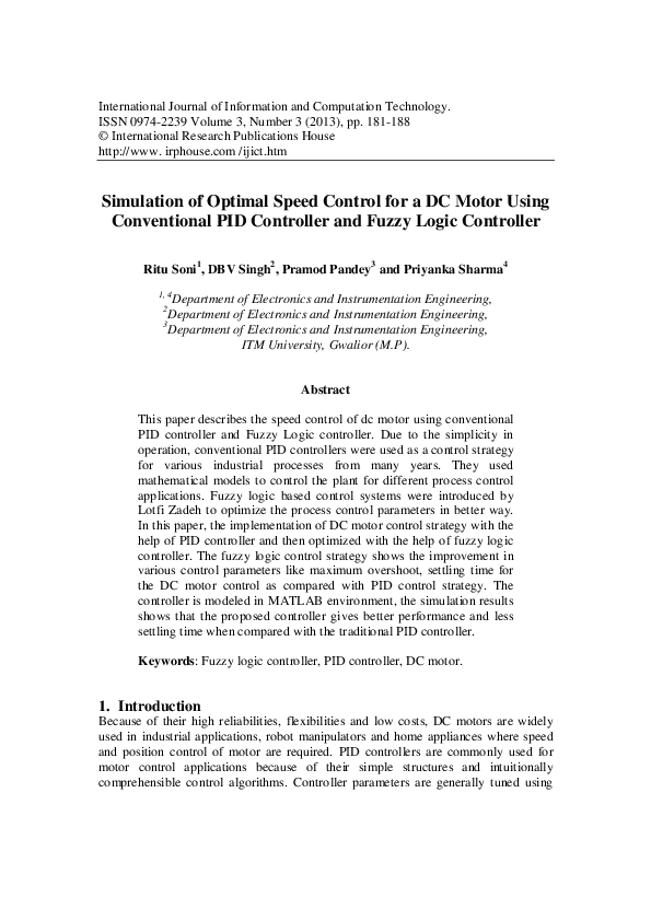 (PDF) Simulation of Optimal Speed Control for a DC Motor Using Conventional PID Controller and ...