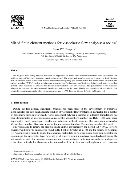 (PDF) Mixed finite element methods for viscoelastic flow analysis: a review1