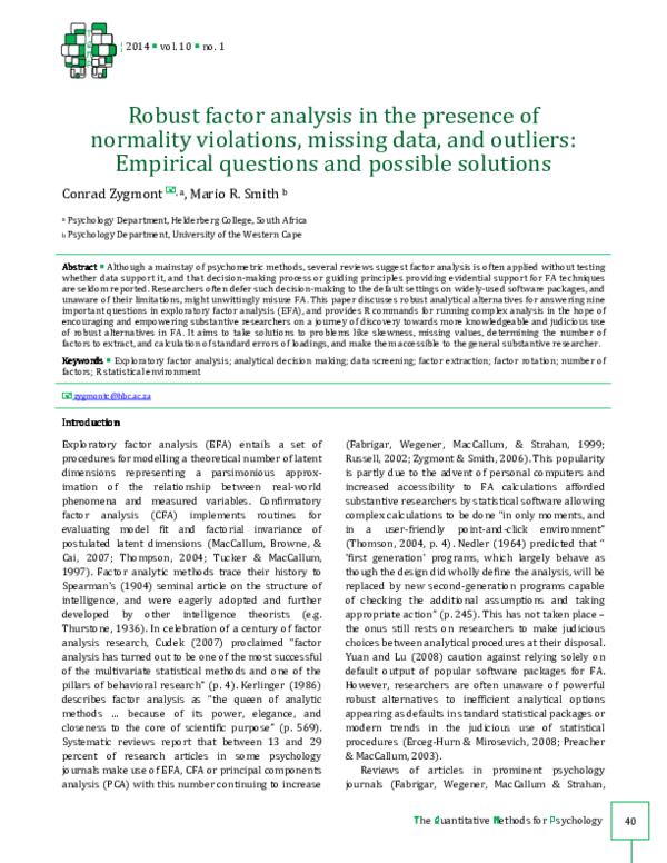 (PDF) Robust factor analysis in the presence of normality violations, missing data, and outliers ...