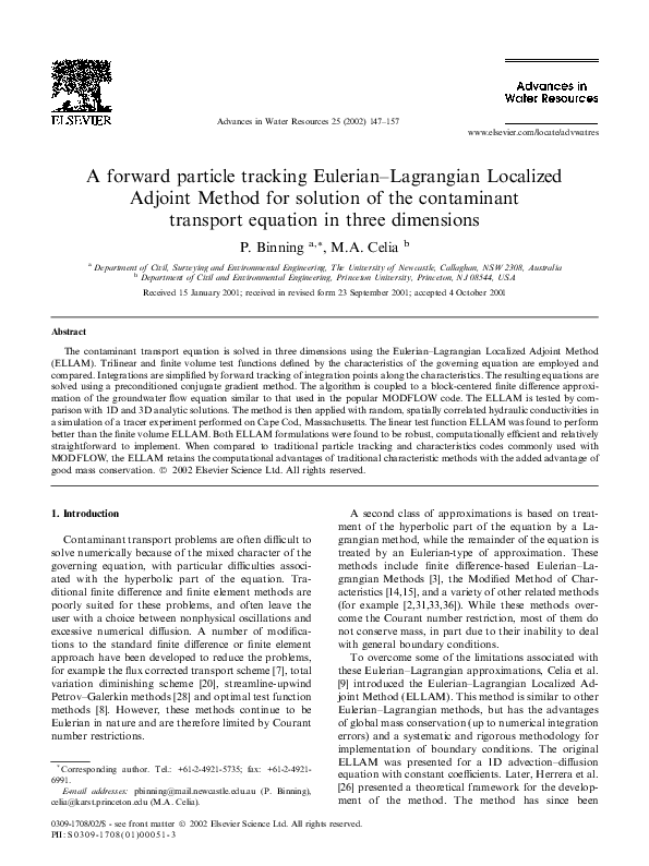 Pdf A Forward Particle Tracking Eulerian Lagrangian Localized Adjoint Method For Solution Of