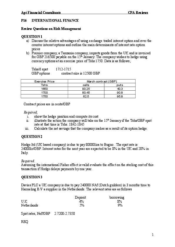 (DOC) P16 INTERNATIONAL FINANCE Review Questions on Risk Management
