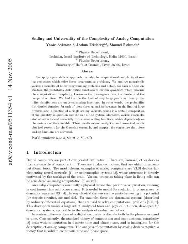 (PDF) Scaling and universality of the complexity of analog computation