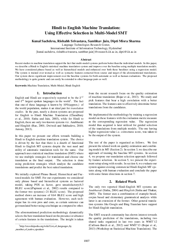 (PDF) Hindi to English Machine Translation: Using Effective Selection ...