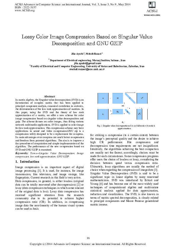 Pdf Lossy Color Image Compression Based On Singular Value Decomposition And Gnu Gzip Acsij