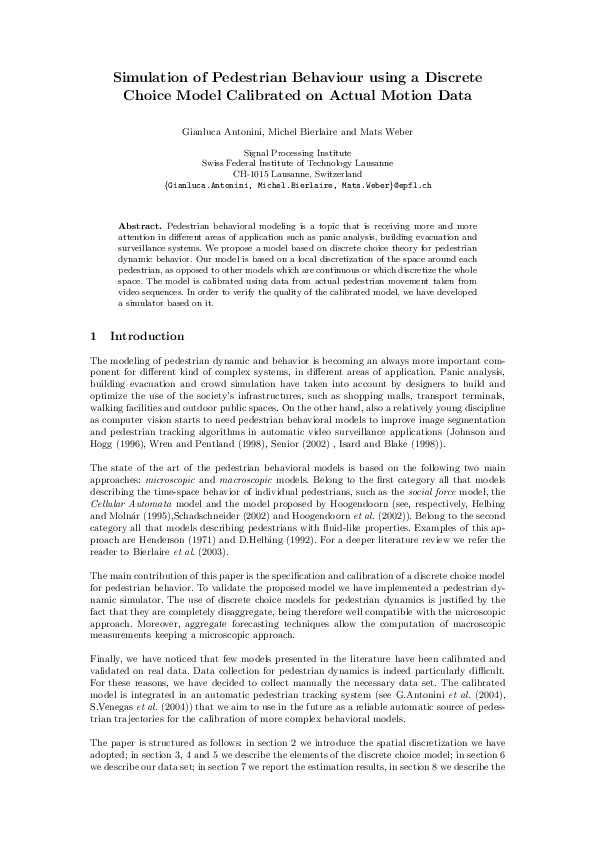 Pdf Simulation Of Pedestrian Behaviour Using A Discrete Choice Model Calibrated On Actual