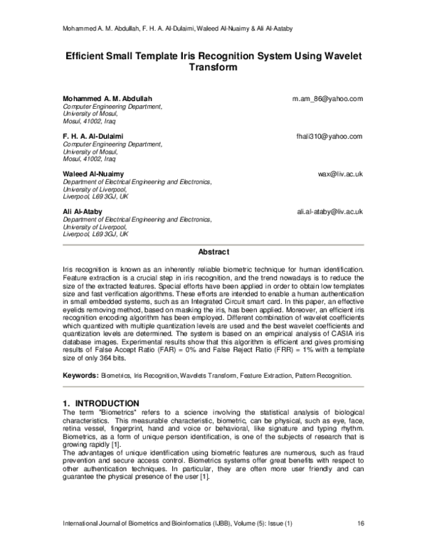 (PDF) Efficient small template iris recognition system using wavelet ...