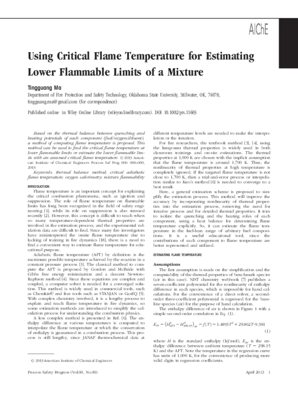 (PDF) Using Critical Flame Temperature for Estimating Lower Flammable ...