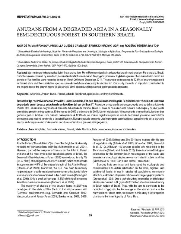(PDF) AnurAns from A degrAded AreAin A seAsonAlly semi-deciduous forest in southern BrAzil