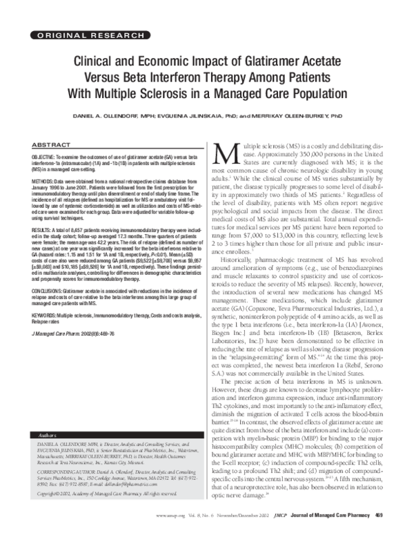 (PDF) Clinical and Economic Impact of Glatiramer Acetate Versus Beta Interferon Therapy Among ...