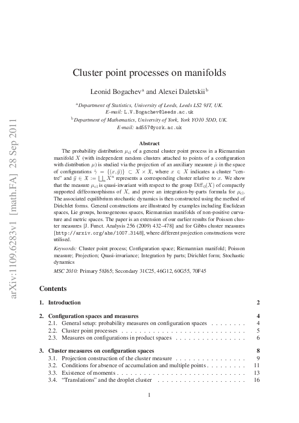 (PDF) Cluster point processes on manifolds