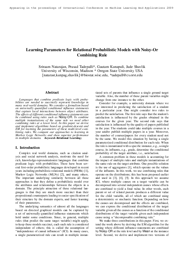 (PDF) Learning Parameters for Relational Probabilistic Models with Noisy-Or Combining Rule