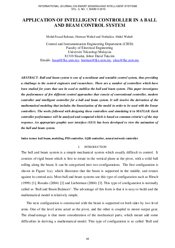 (PDF) APPLICATION OF INTELLIGENT CONTROLLER IN A BALL AND BEAM CONTROL ...