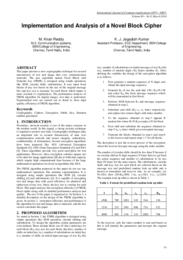 Pdf Implementation And Analysis Of A Novel Block Cipher