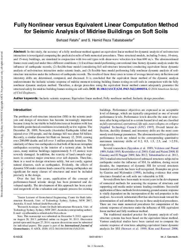 Pdf Fully Nonlinear Versus Equivalent Linear Computation Method For Seismic Analysis Of