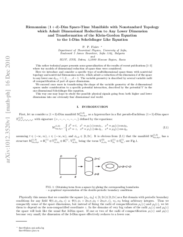 (PDF) Riemannian $\mathbf{(1+d)}$Dim Space-Time Manifolds with Nonstandard Topology which Admit ...