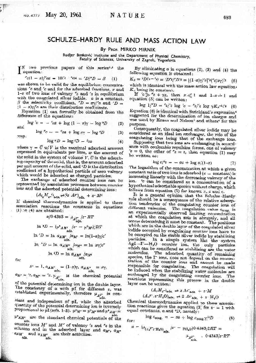 (PDF) The Schulze-Hardy Rule and the Mass Action Law. Nature, 190 (1961 ...