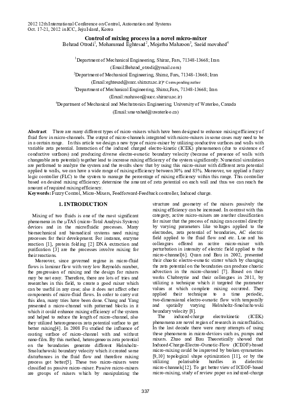 (PDF) Control of mixing process in a novel micro-mixer