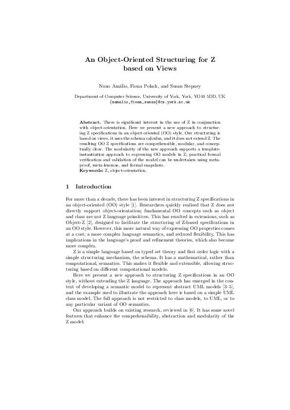 Pdf An Object Oriented Structuring For Z Based On Views Susan Stepney