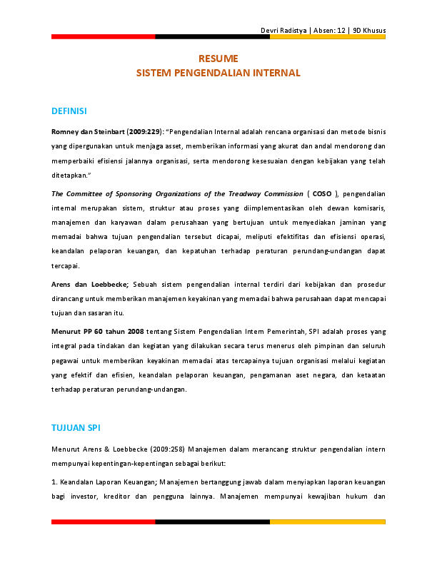 (DOC) RESUME SISTEM PENGENDALIAN INTERNAL (DOC) RESUME SISTEM PENGENDALIAN INTERNAL