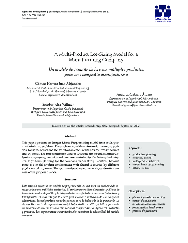 (PDF) A Multi-Product Lot-Sizing Model for a Manufacturing Company