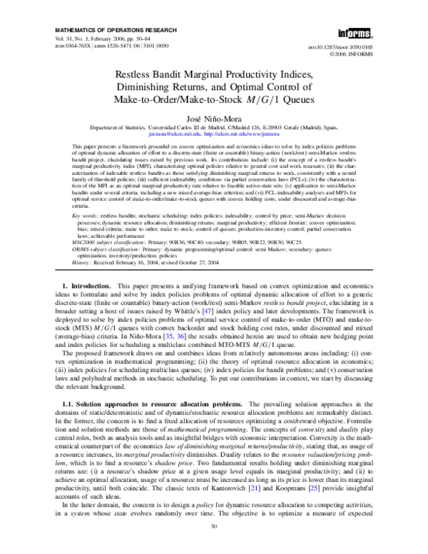 (PDF) Restless Bandit Marginal Productivity Indices, Diminishing Returns, and Optimal Control of ...