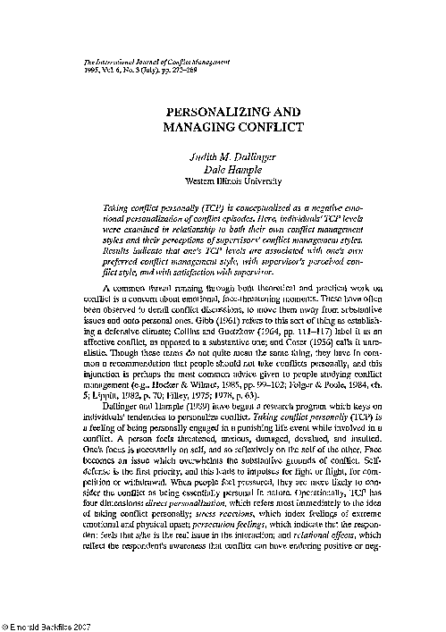 (PDF) Personalizing and Managing Conflict (Dallinger & Hample, 1995)