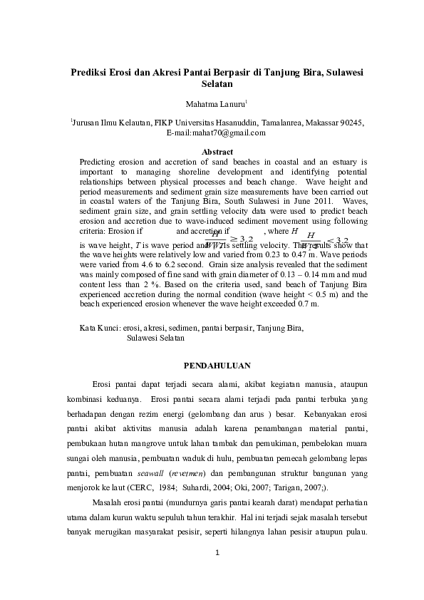 (DOC) Prediksi Erosi dan Akresi Pantai Berpasir di Tanjung Bira ...