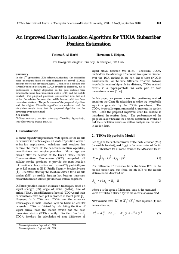 (PDF) An Improved Chan-Ho Location Algorithm for TDOA Subscriber Position Estimation
