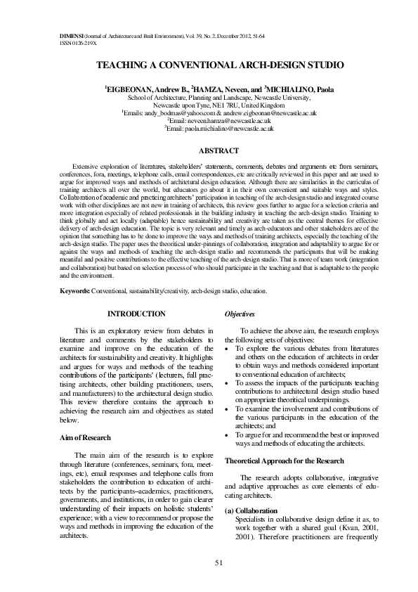 (PDF) TEACHING A CONVENTIONAL ARCH-DESIGN STUDIO