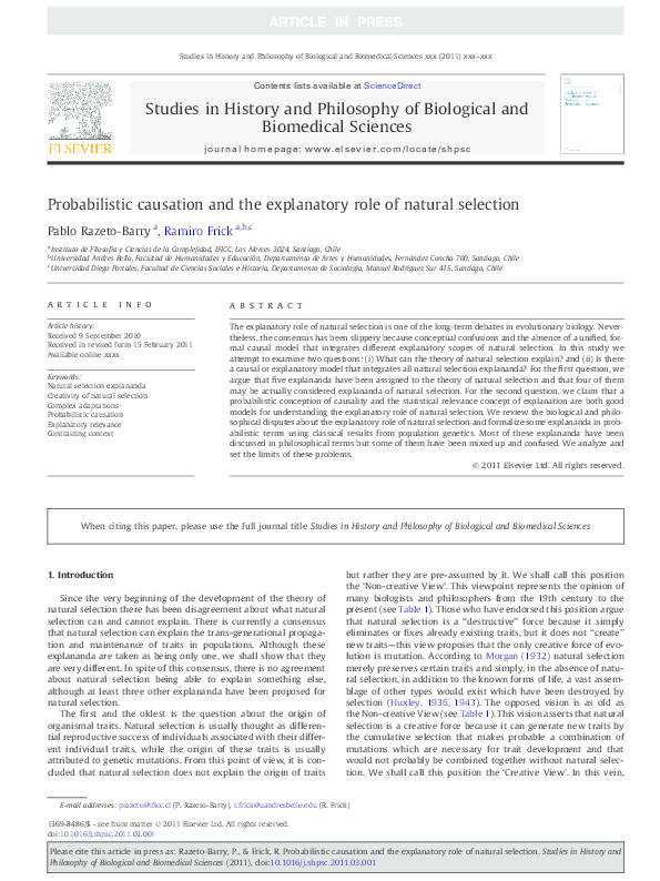 (PDF) Probabilistic causation and the explanatory role of natural selection