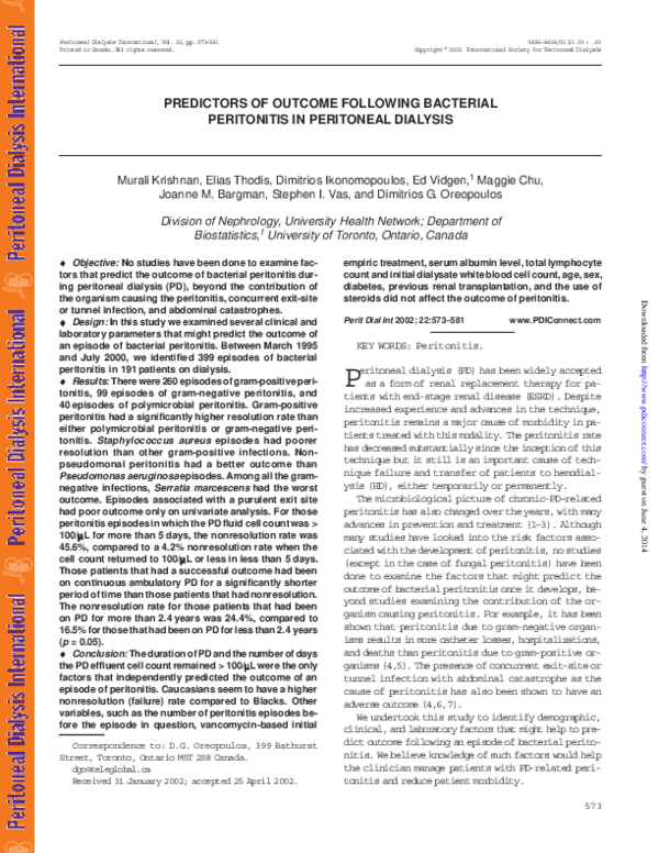 (PDF) PREDICTORS OF OUTCOME FOLLOWING BACTERIAL PERITONITIS IN PERITONEAL DIALYSIS