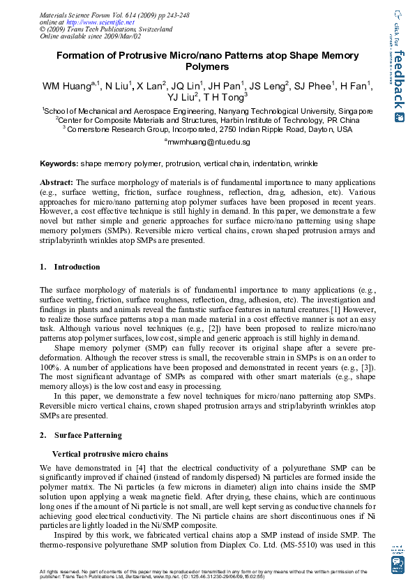 (PDF) Formation of Protrusive Micro/nano Patterns atop Shape Memory Polymers