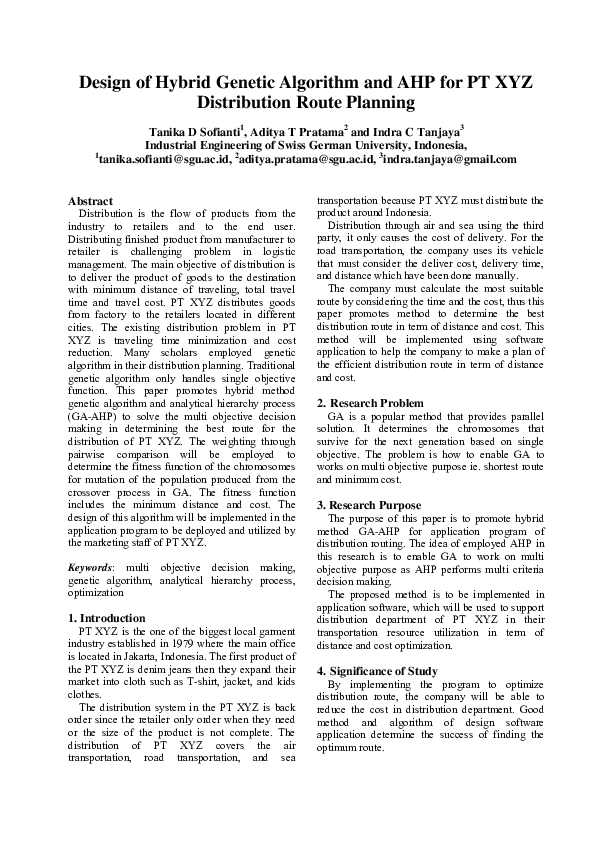 Pdf Design Of Hybrid Genetic Algorithm And Ahp For Pt Xyz Distribution Route Planning