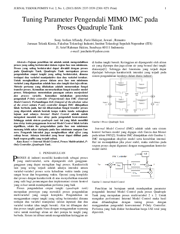 (PDF) Tuning Parameter Pengendali MIMO IMC pada Proses Quadruple Tank