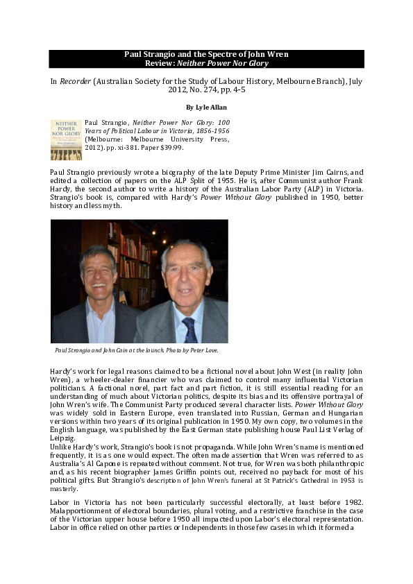 (DOC) Review of Paul Strangio, Neither Power Nor Glory (2012)