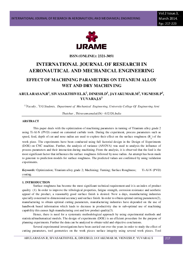 Pdf Effect Of Machining Parameters On Titanium Alloy Wet And Dry Machin Ing