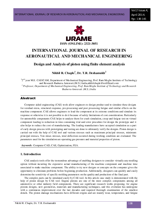 Pdf Design And Analysis Of Piston Using Finite Element Analysis