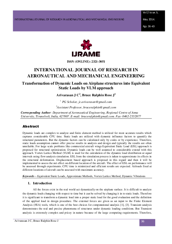 Pdf Transformation Of Dynamic Loads On Airplane Structures Into Equivalent Static Loads By Vlm