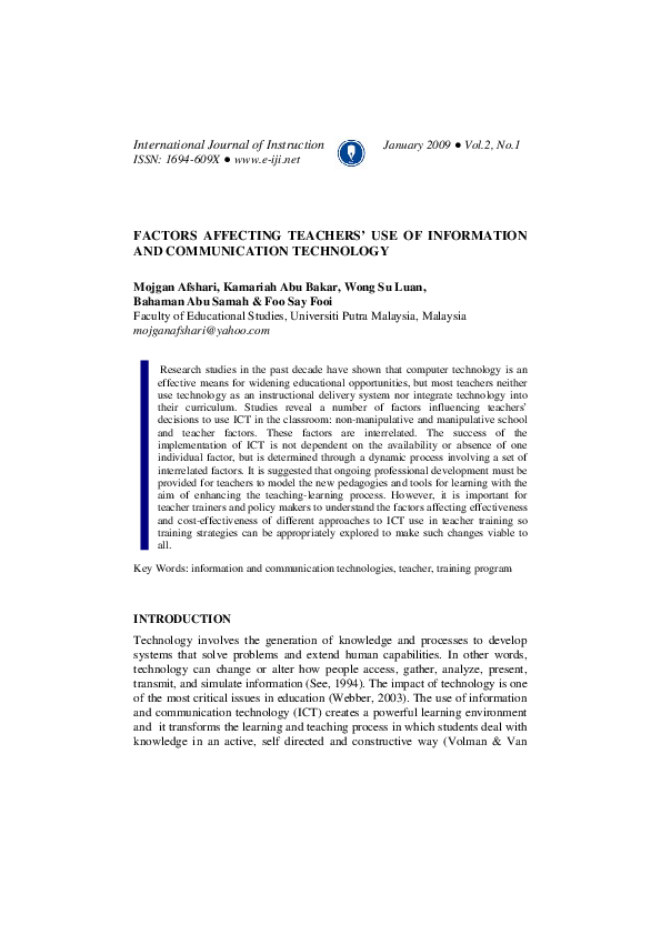 Pdf Factors Affecting Teachers Use Of Information And Communication Technology