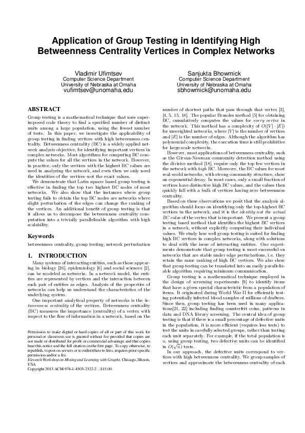 Pdf Application Of Group Testing In Identifying High Betweenness Centrality Vertices In
